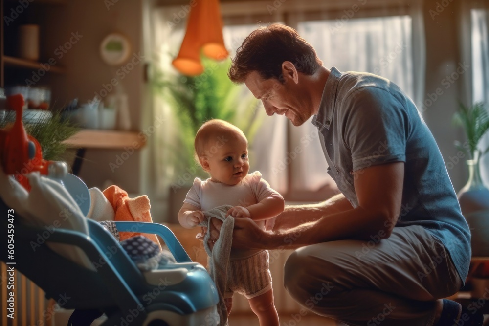 A candid moment captures a father juggling household chores while ...