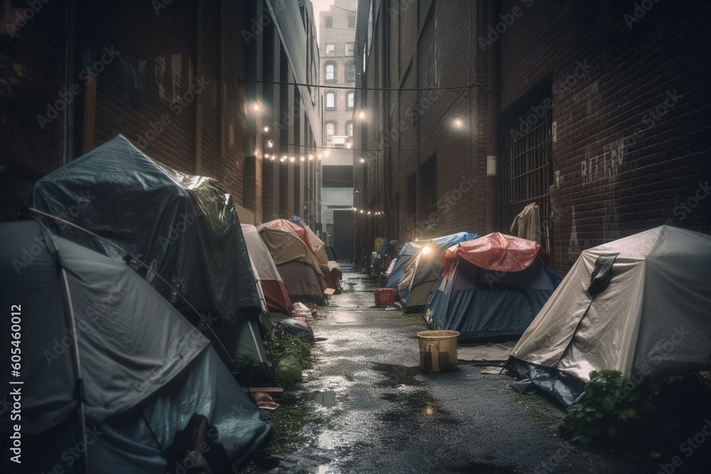 Tents of homeless in an alleyway. Image is composited. Generative AI ...