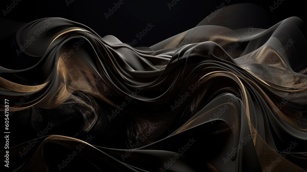 Gold cloth flying in the wind isolated on black background. Silk black ...