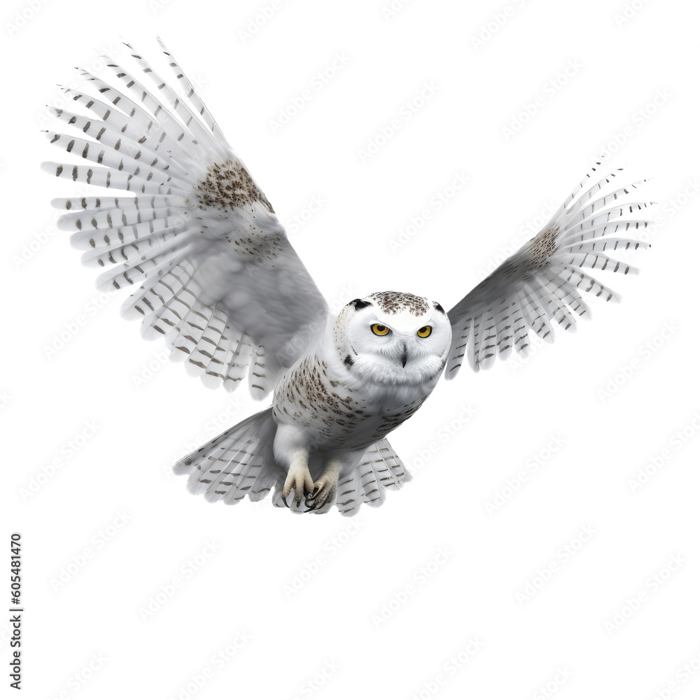 Flying snowy owl isolated on a transparent or white background as PNG, generative AI animal ...