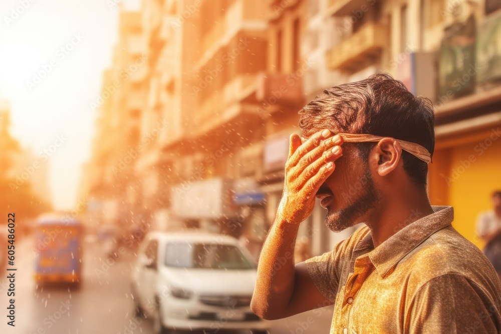 man suffering from extreme hot weather and heatwave in summer day ...