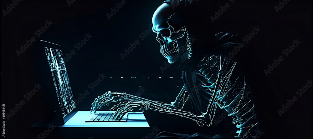 Skeleton sitting in front of a laptop, computer graphics, digital art ...