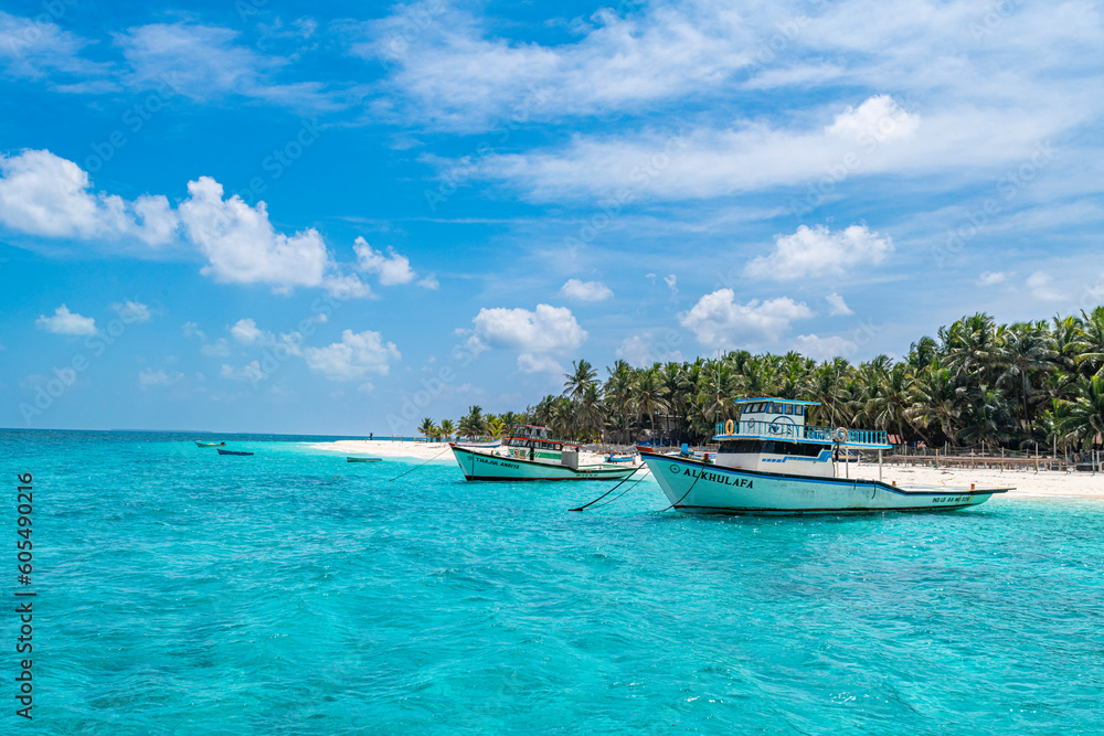 Little boats before a palm fringed white sand beach, Agatti Island ...