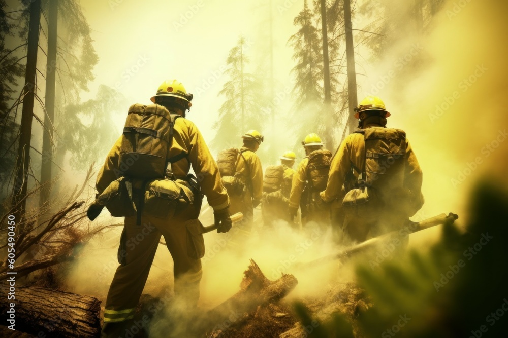 Firefighters on fighting forest fire, emergency concept. AI generated ...
