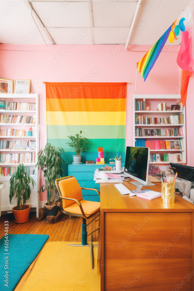 lgbtq+ workplace inclusivity in colorful office for pride month showing ...