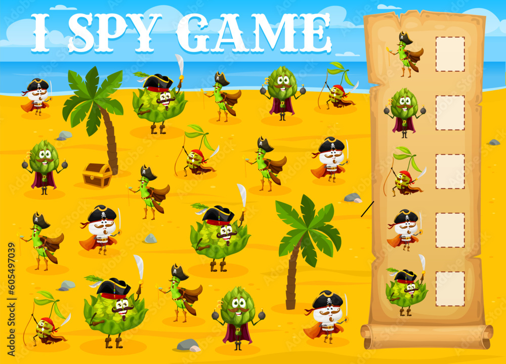 I spy game worksheet, cartoon vegetable pirates and corsairs characters ...