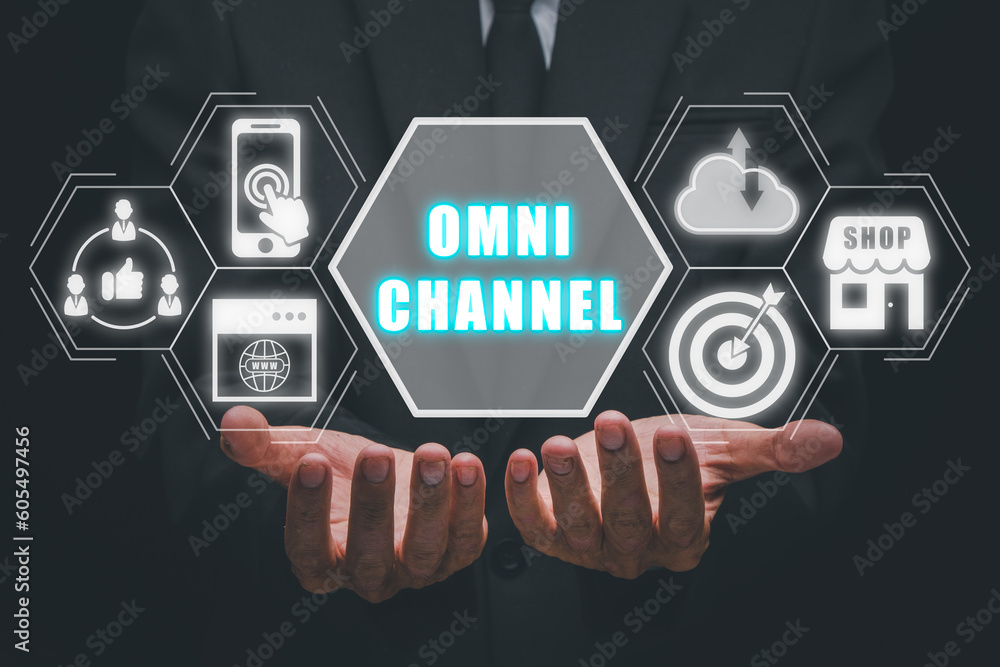 Omni channel concept, Person hand holding omni channel icon on virtual ...