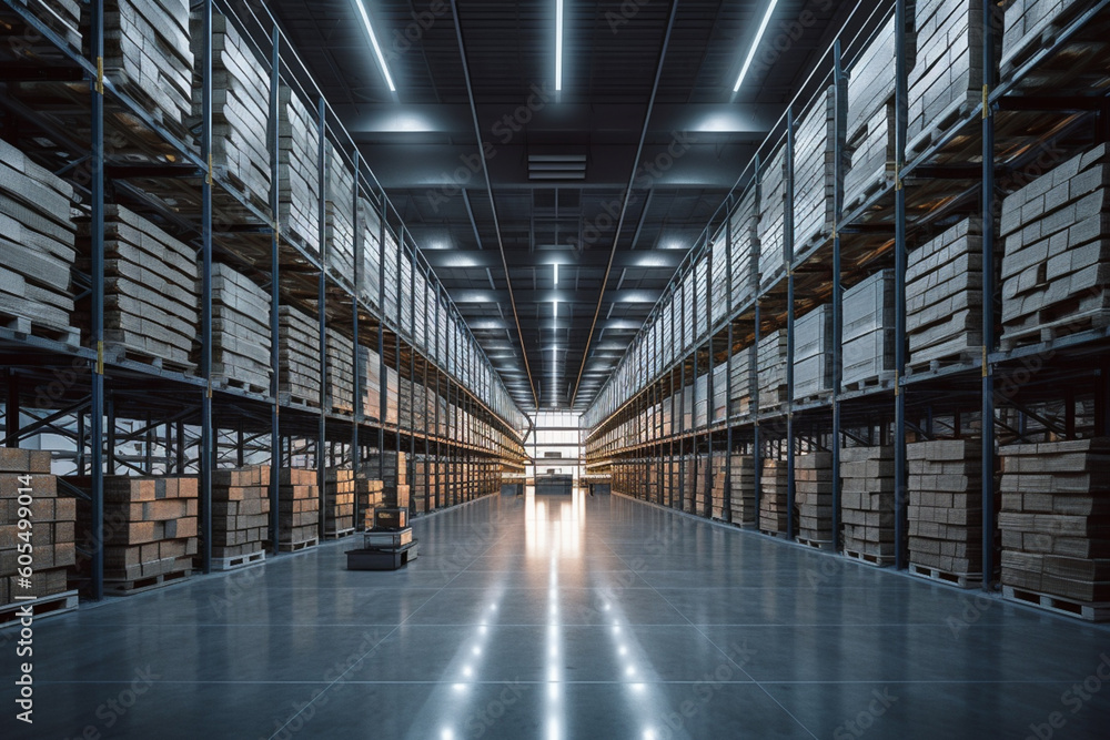 Modern logistic warehouse interior. high-ceilinged space filled with ...