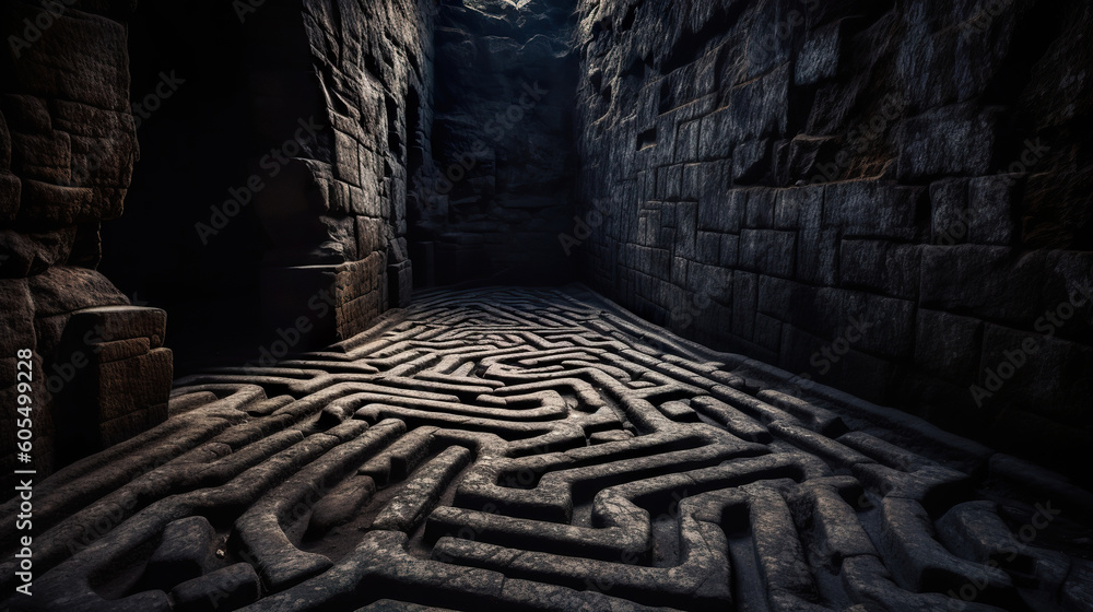 Tangled maze in dark background. Render of a labyrinth in the middle of ...