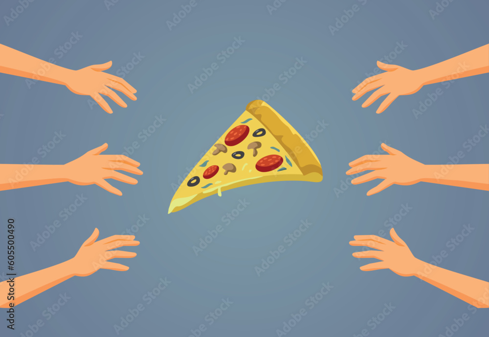 Hungry People Craving for the Last Pizza Slice Vector Cartoon. Family ...