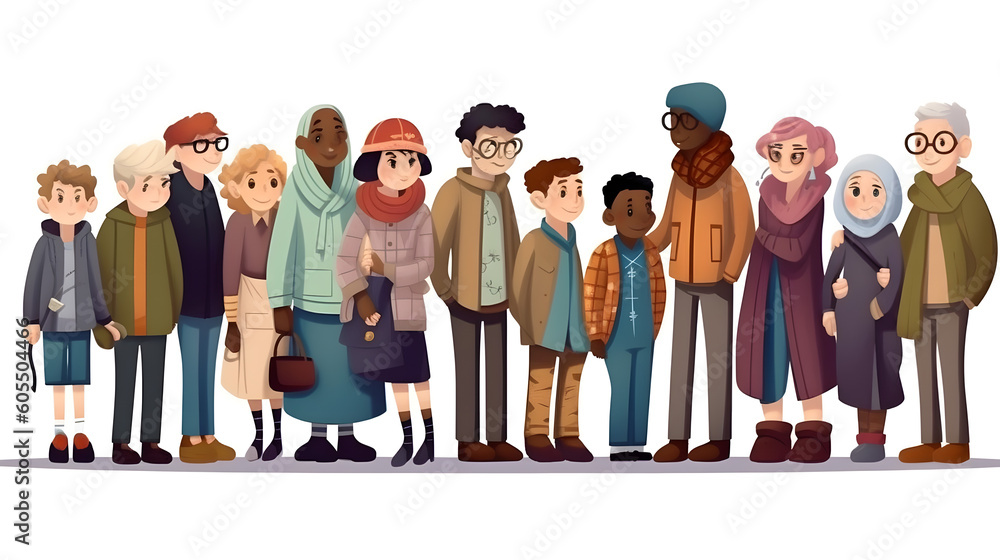Cartoon Multiracial Multicultural Community Standing Together Stock ...