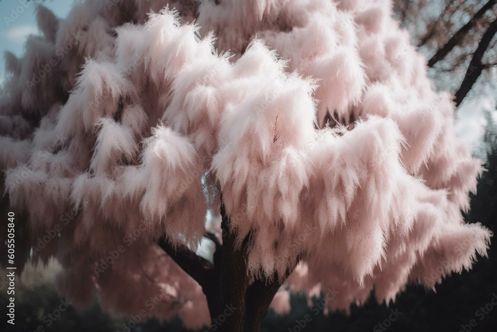 Tree with pink fluffy strands resembling cotton candy. Generative AI ...