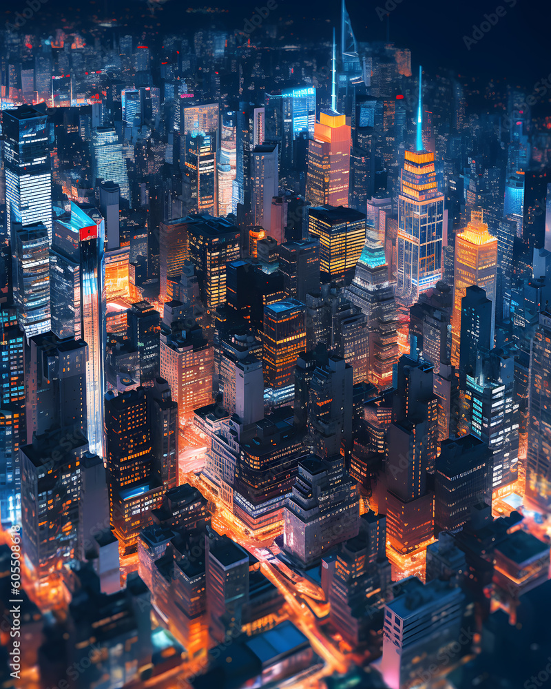 An urban cityscape at night with bustling streets, tall skyscrapers ...