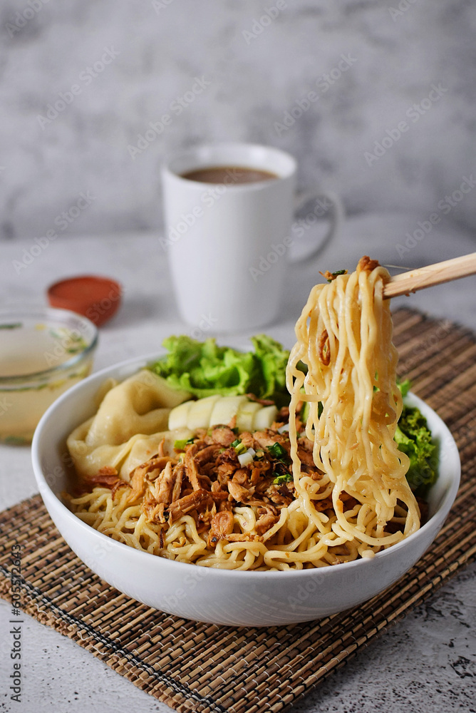 Mie ayam, noodles with chicken and vegetables, Indonesian traditional ...