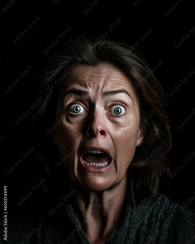 Scared woman facial expression. Terrified person isolated on black background. Generative AI ...