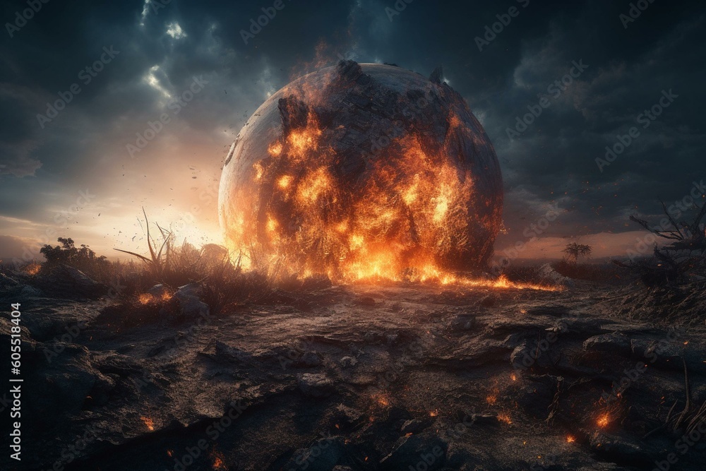 An apocalyptic scene featuring a planet engulfed in flames, with ...