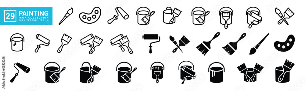 Collection of painting related icons, various painting tools, paint ...