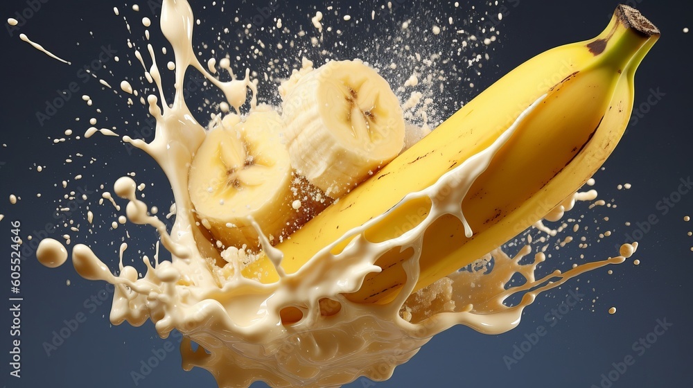 Banana with milk and cream splash explosion. Seamless background ...