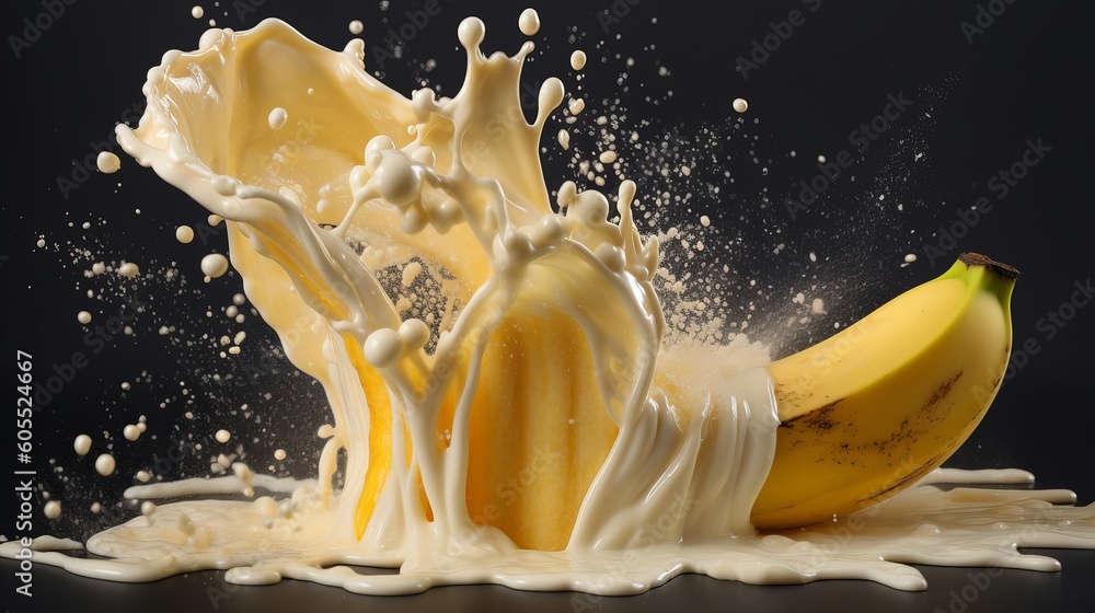 Banana with cream and milk splash explosion. Seamless background ...