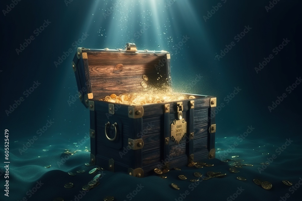 Treasure chest underwater in ocean. Ai art Stock Illustration | Adobe Stock