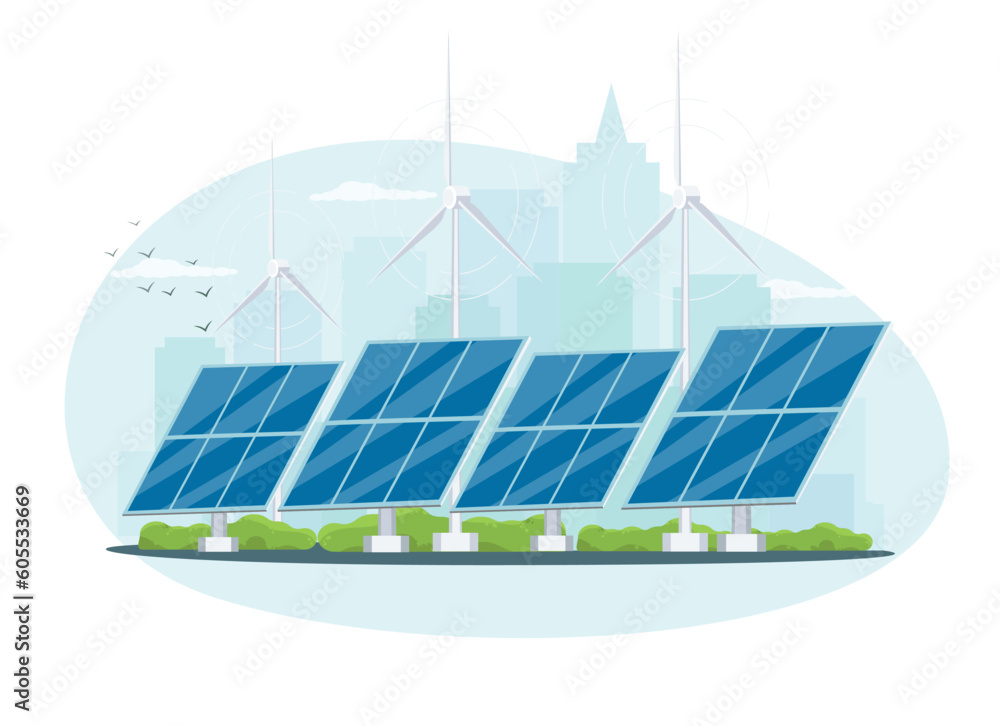Wind and solar generation. Solar panels and wind turbines on nature ...