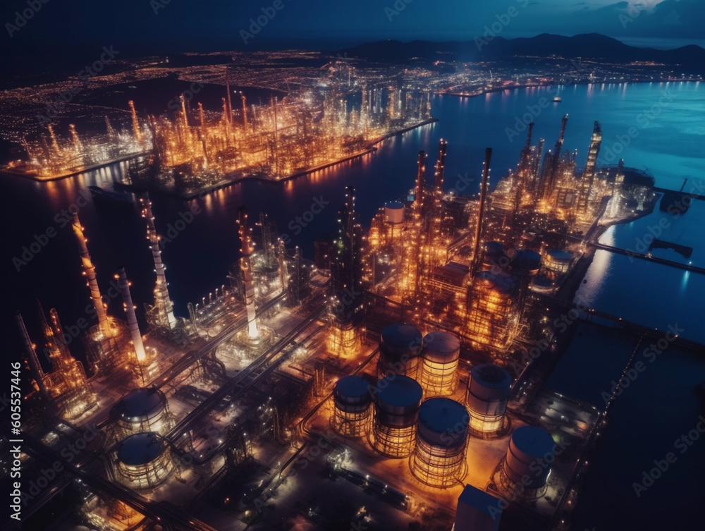 Oil refinery at night, Aerial view oil and gas petrochemical industrial ...