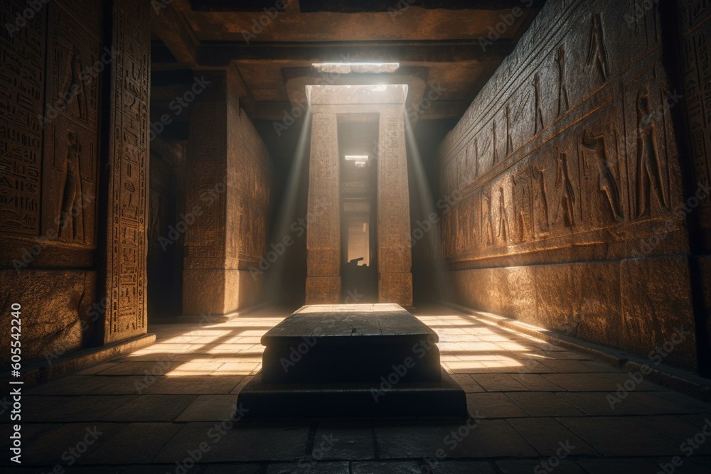 Interior of Giza pyramid with hieroglyphs on wall. Forbidden Egyptian ...