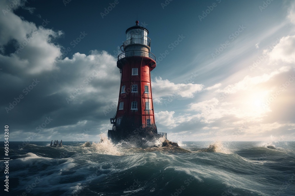 Lighthouse in sky emblematic of safe harbor and alert warning concept ...