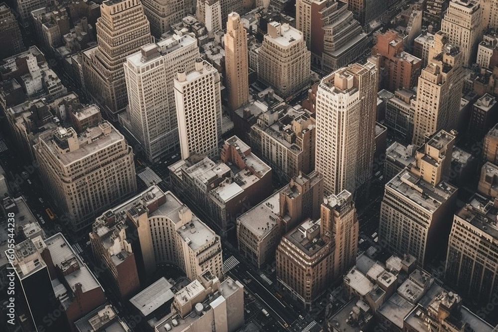 Bird's eye view of the tall buildings in Midtown Manhattan, NYC ...