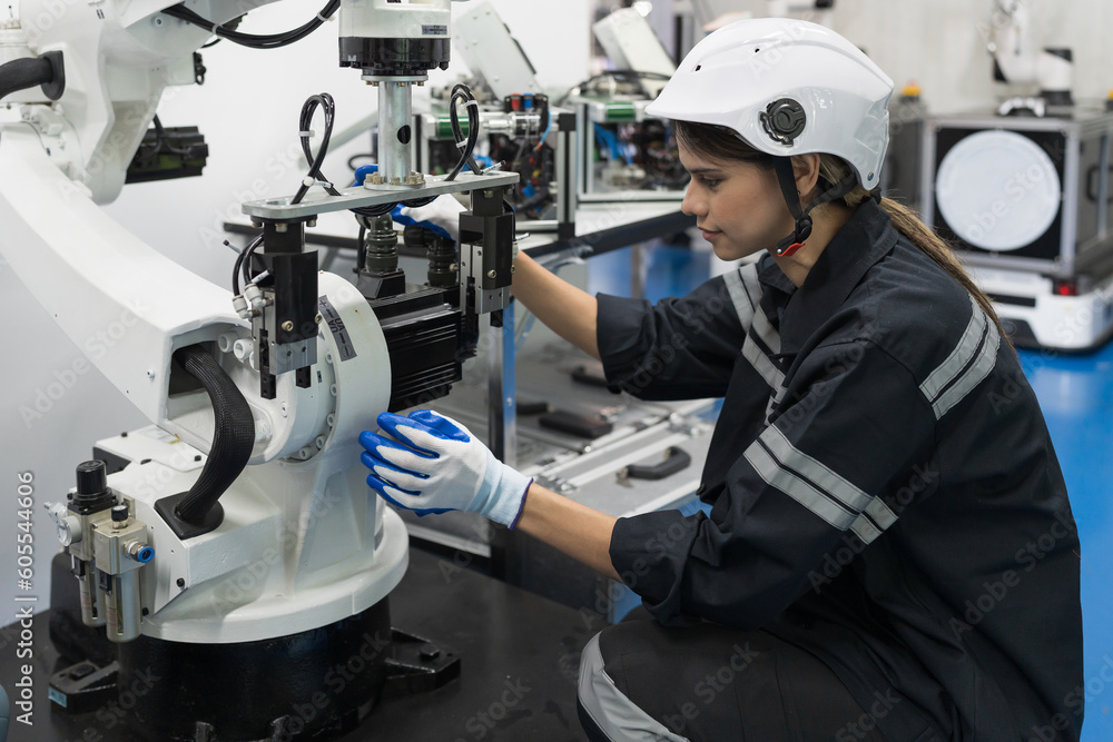 Female engineer control autonomous mobile robot or AMR in the ...