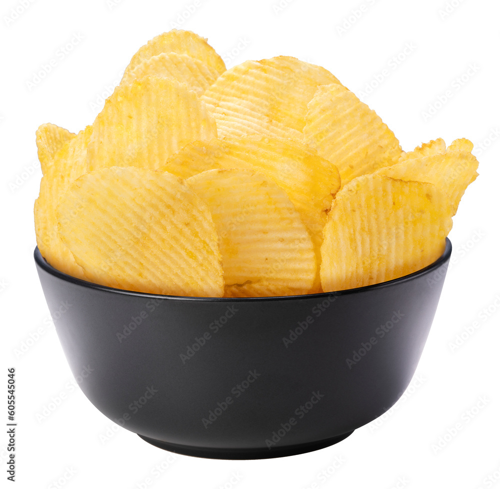 Snack Potato chips,Potato chips in black bowl isolated on white ...