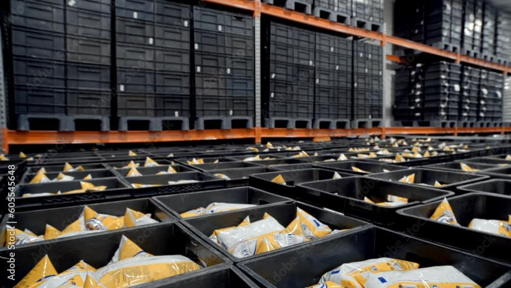 Modern milk Production Factory. Huge Storage Room full of Packs of Milk ...