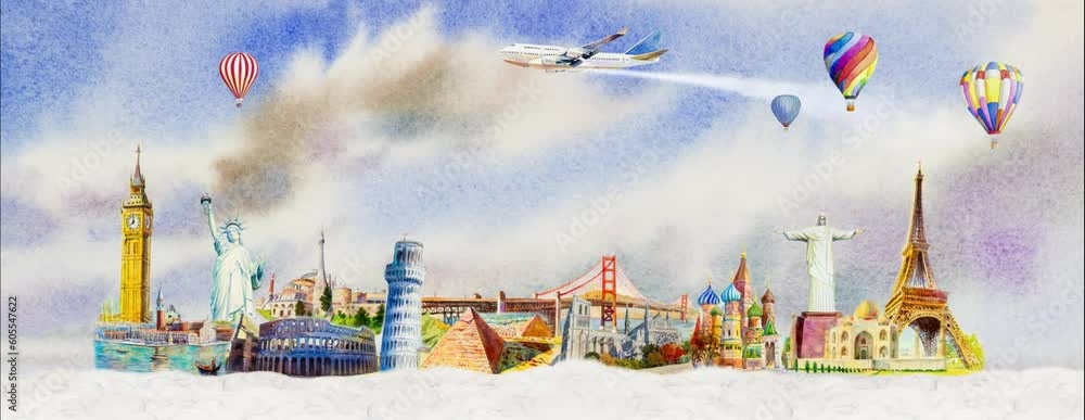 Landmark painting animation travel famous landmarks of the worlds ...