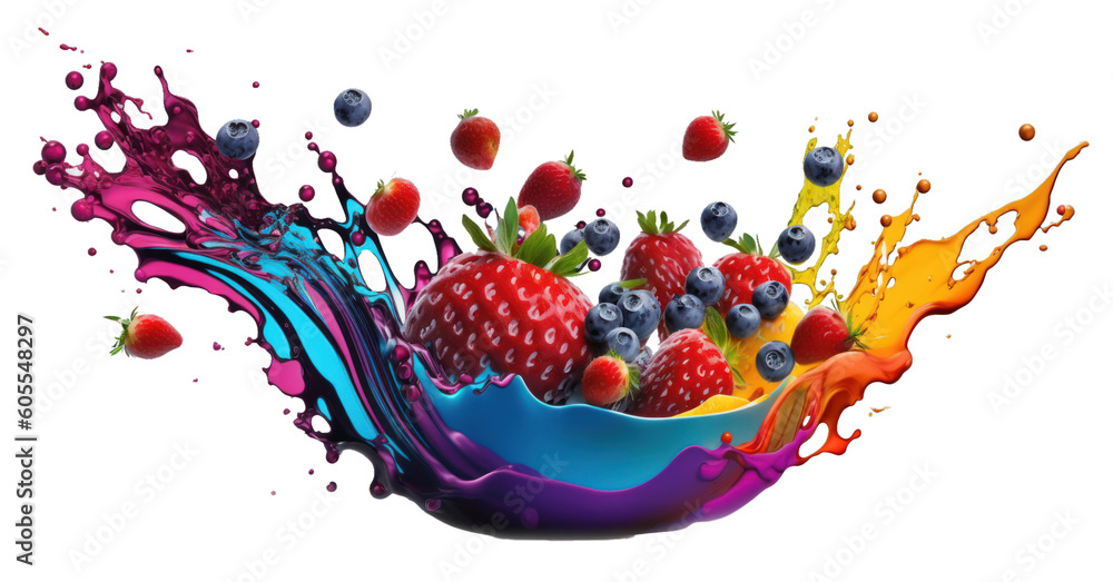 colorful shot of berries juice flavor splash over white transparent ...