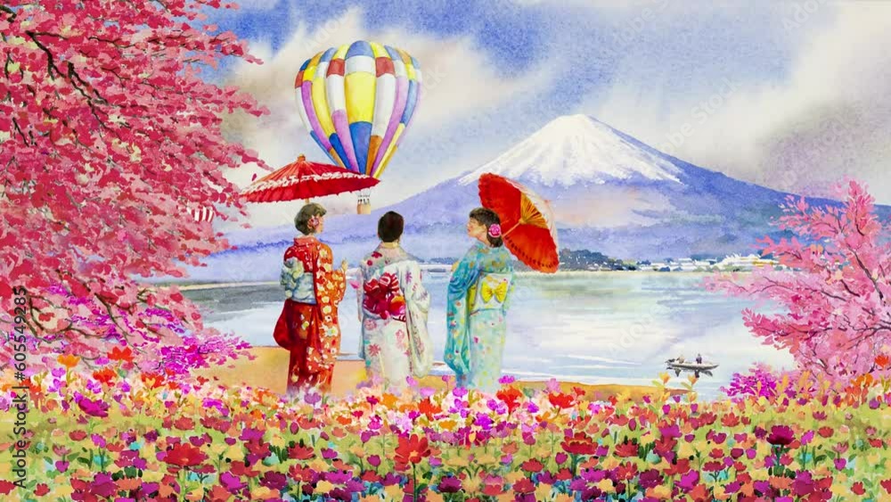 Travel landmark Japan with paintings animation style to Tokyo with ...