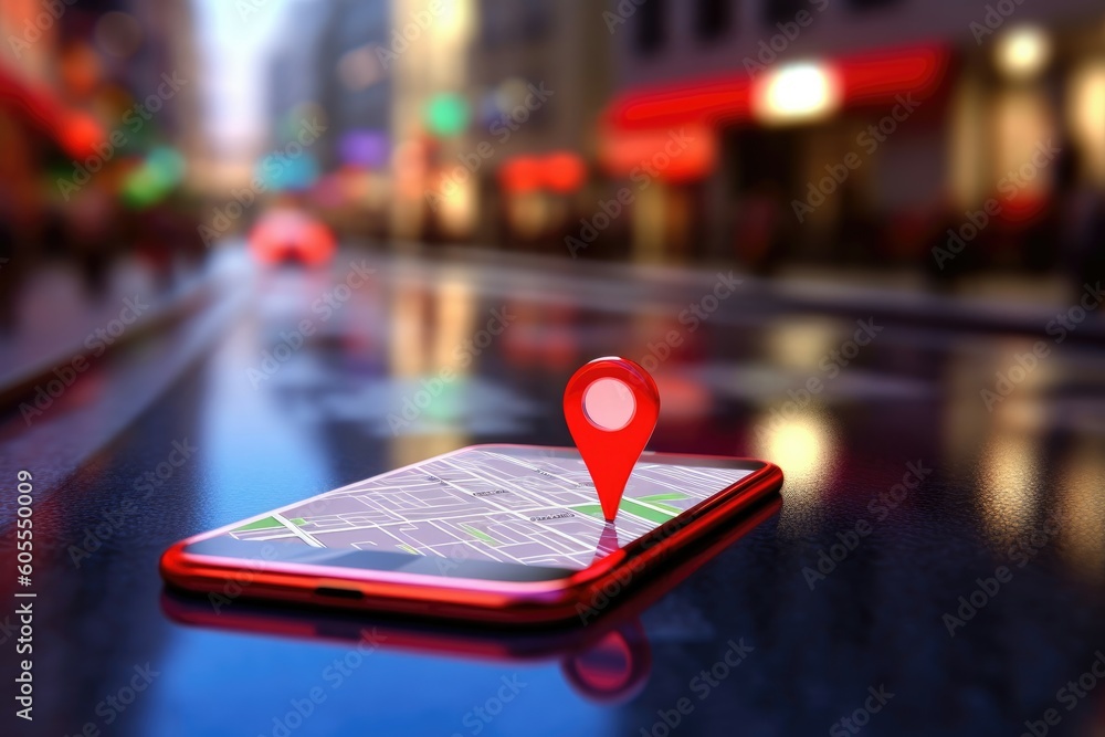 Red point on smartphone with gps navigator icon and map on blur traffic ...