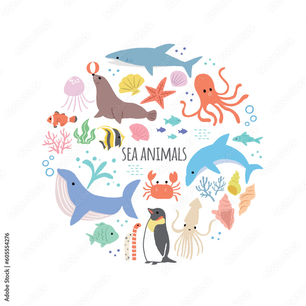 Fotografie, Obraz 海の生き物のアイコンイラスト セット, kinoco | Plakáty, obrazy, fototapety | Posters.cz