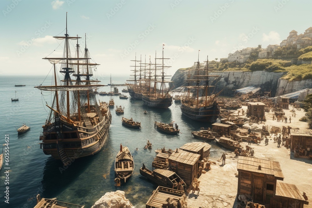 A sunny view of a medieval harbor with frigates and schooners, many ...