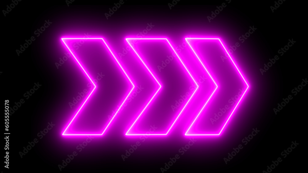 bright purple neon light arrows pointing to the right. 3D rendering of glowing neon arrows on a ...