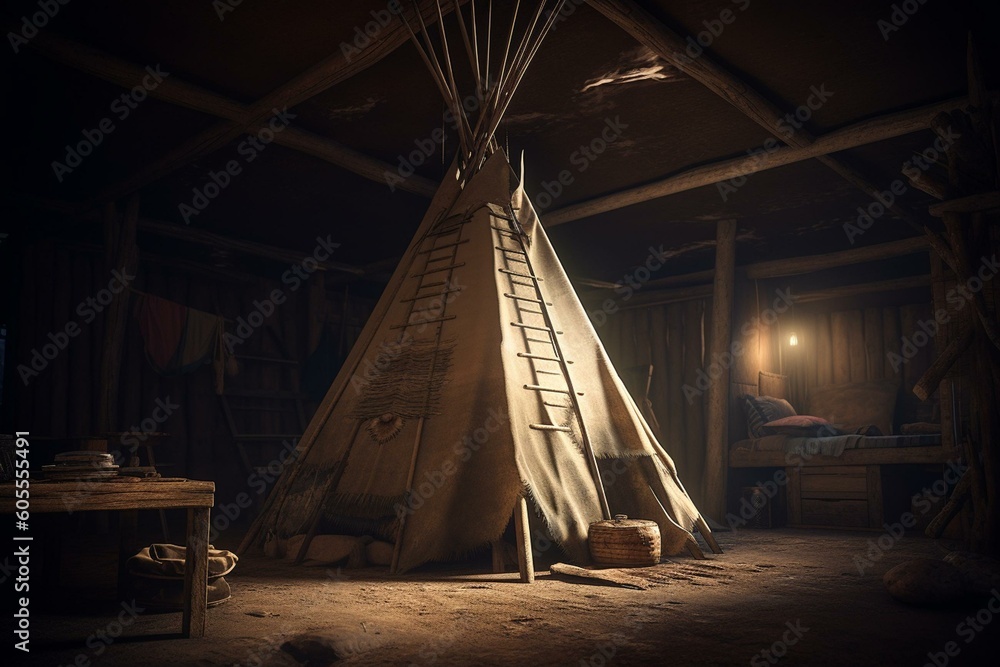 Digital artwork of a traditional Native American teepee set in the Old ...