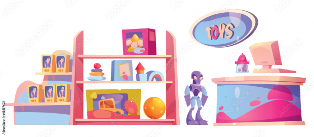 Toy store shelf and furniture cartoon vector set. Shop furniture with ...