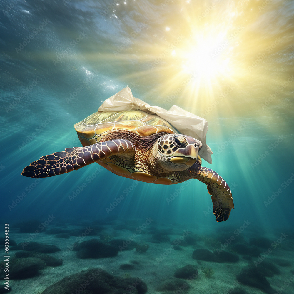 Plastic pollution in the ocean problem. Sea Turtle stuck with a plastic ...