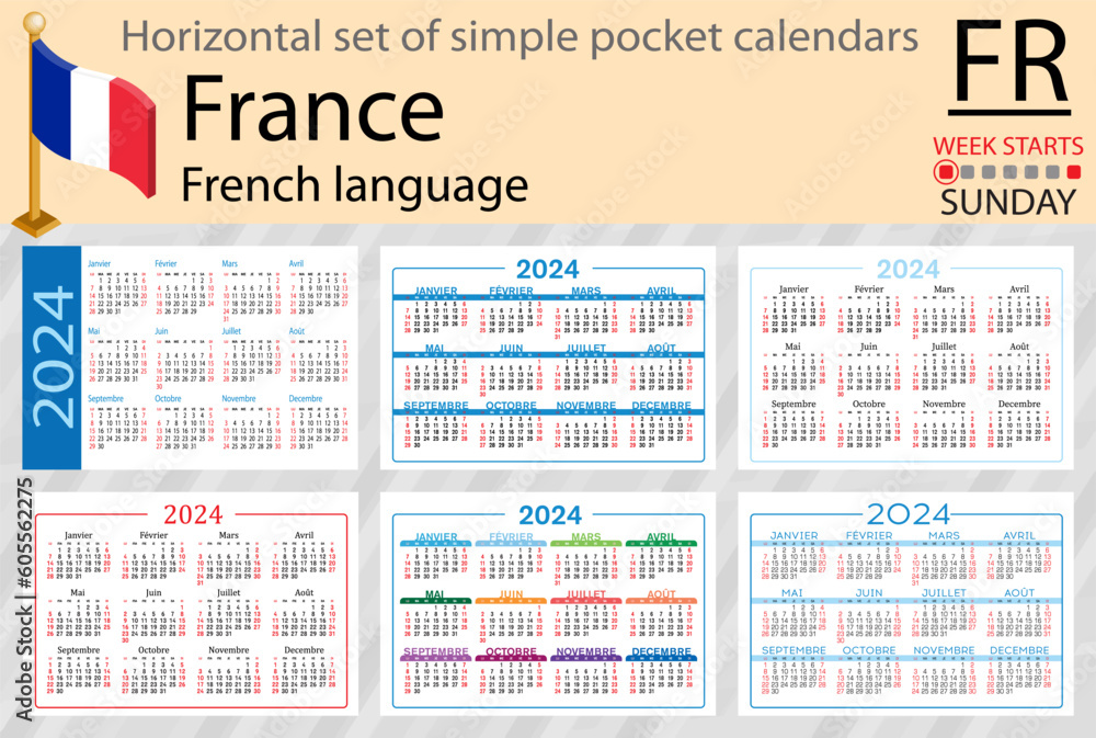 French horizontal set of pocket calendar for 2024. Week starts Sunday ...