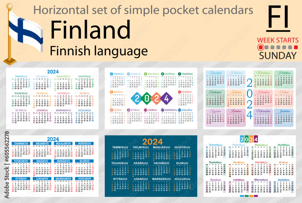 Finnish horizontal set of pocket calendar for 2024. Week starts Sunday ...