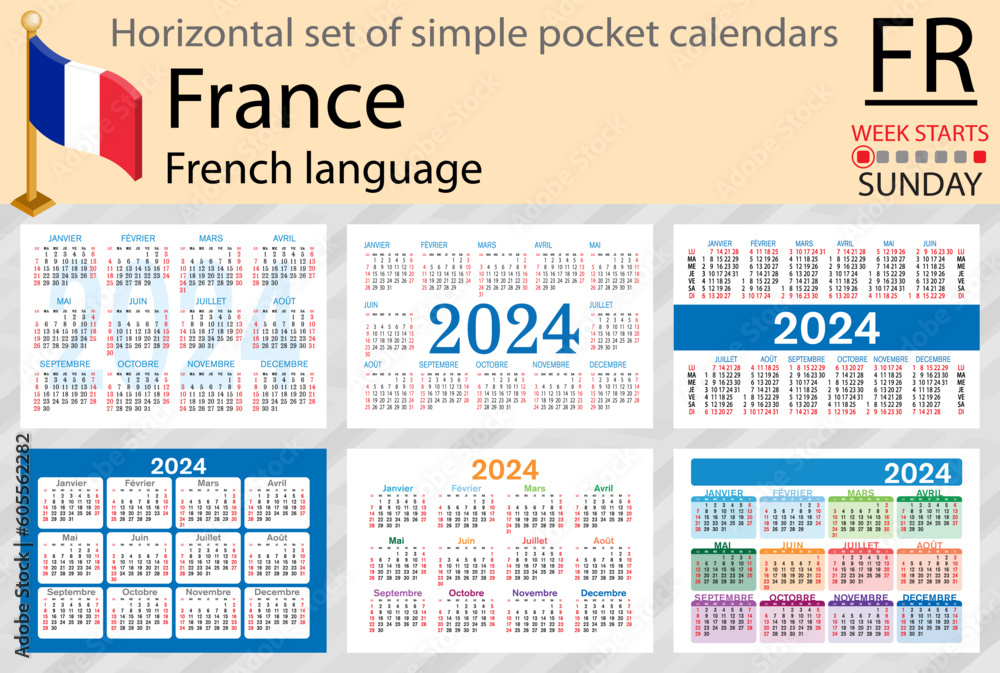 French horizontal set of pocket calendar for 2024. Week starts Sunday ...
