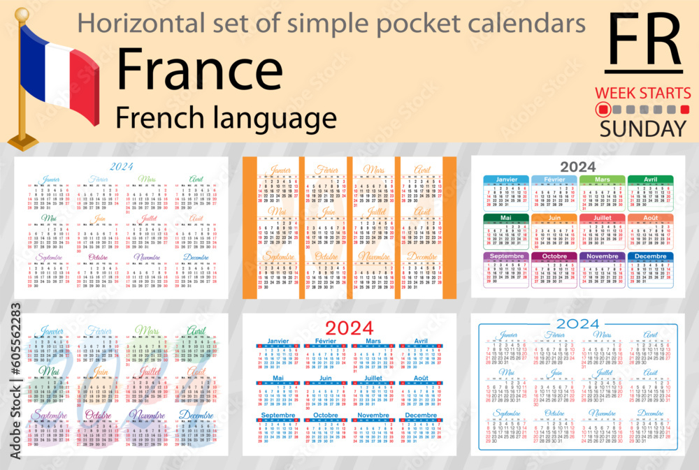 French horizontal set of pocket calendar for 2024. Week starts Sunday ...