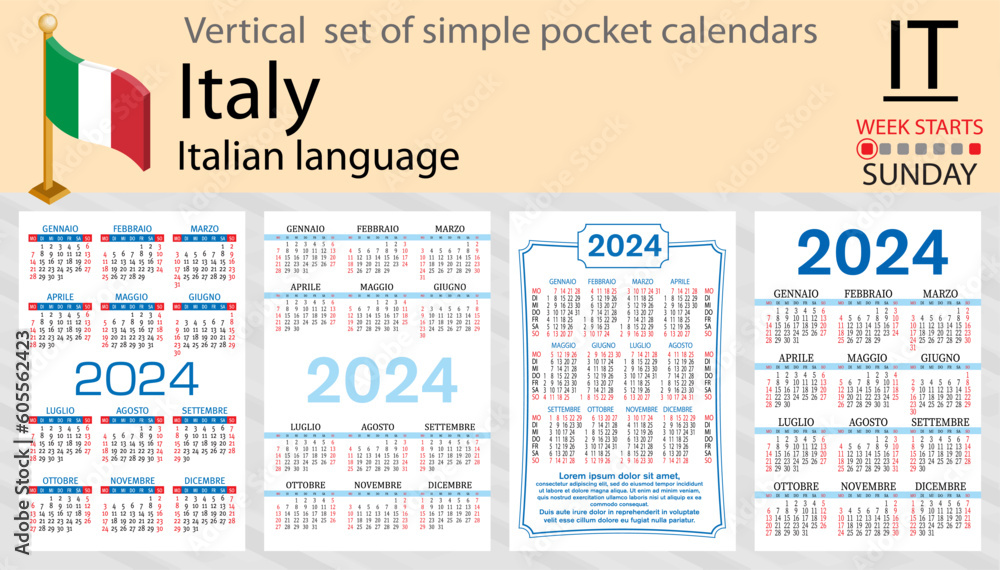 Italian vertical set of pocket calendar for 2024. Week starts Sunday ...