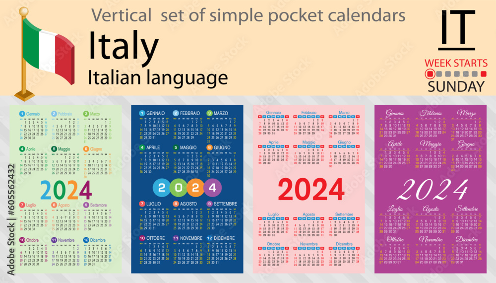 Italian vertical set of pocket calendar for 2024. Week starts Sunday ...