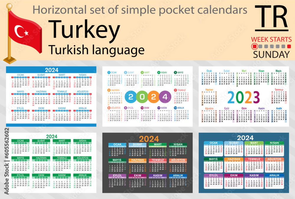 Turkish horizontal set of pocket calendar for 2024. Week starts Sunday ...