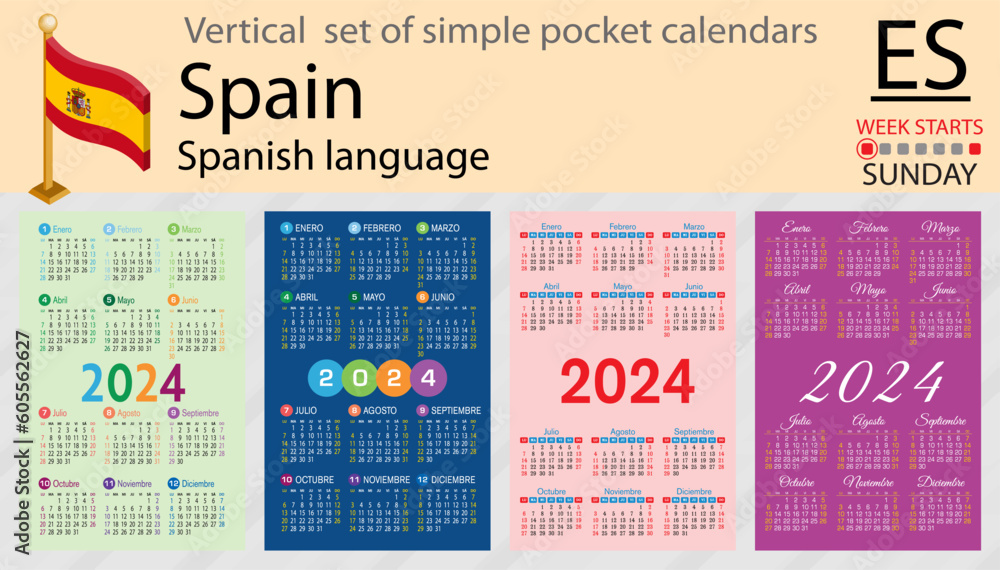 Spanish vertical set of pocket calendar for 2024. Week starts Sunday ...